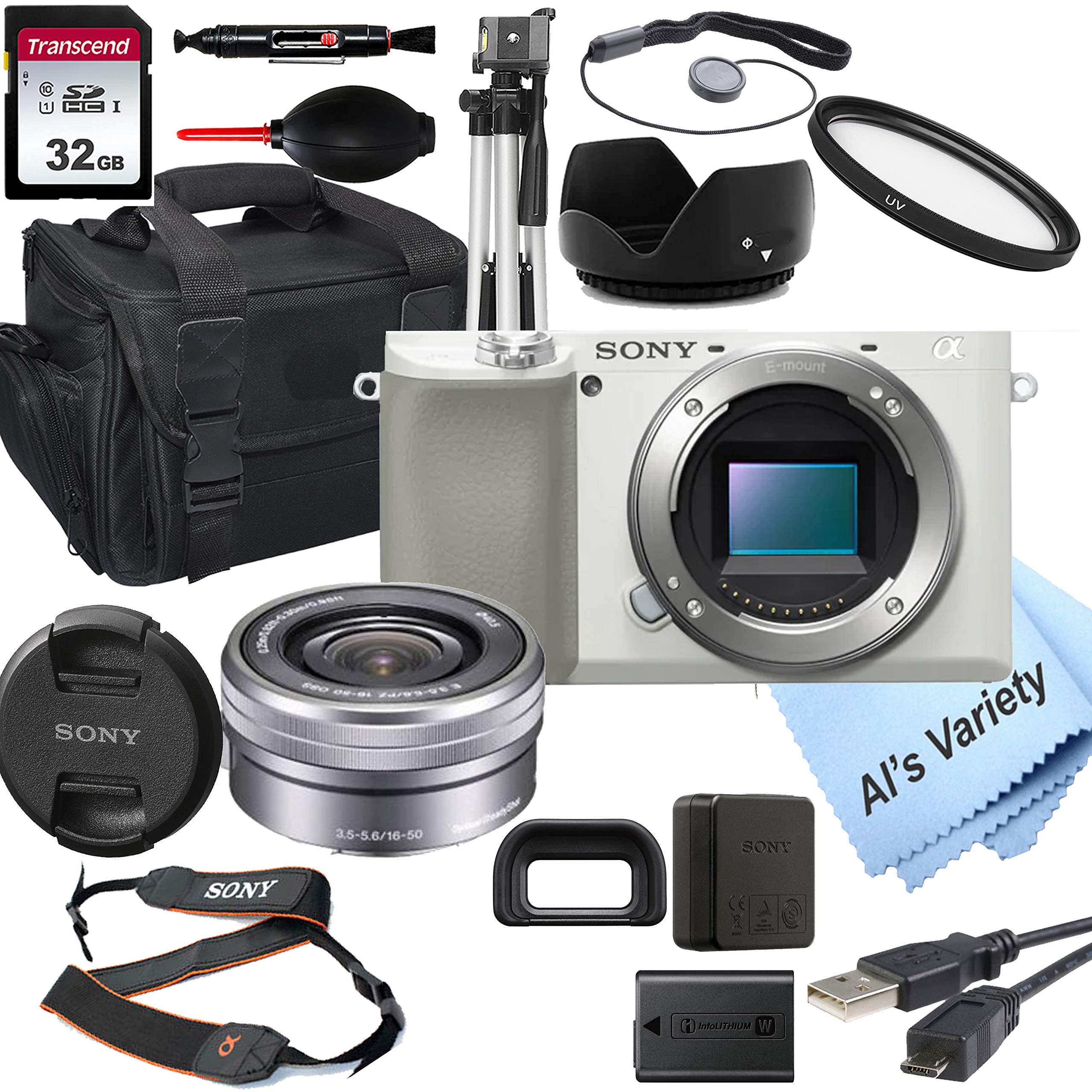 Sony Alpha a6100 (White) Mirrorless Digital Camera with 16-50mm Lens + 32GB Card, Tripod, Case, and More (18pc Bundle)