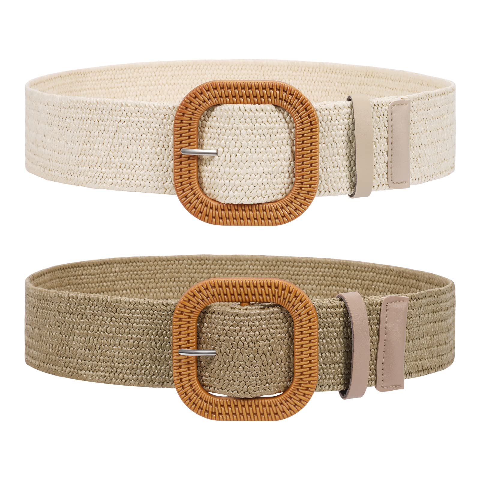 XIAOWU 2 Pack Elastic Woven Waist Belts for Women Dress, Stretchy Boho Braided Straw Band Belt Wide 1.77 Inches