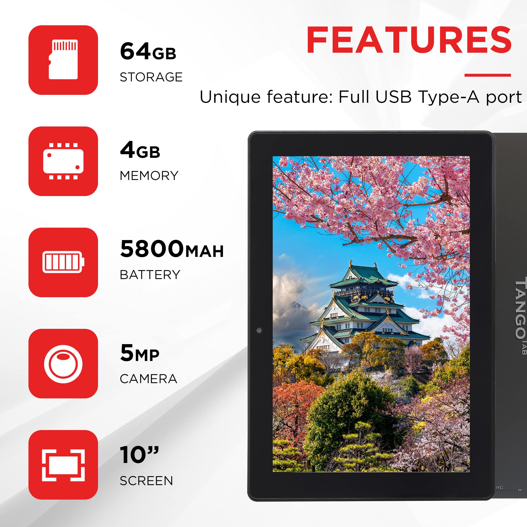 Simbans [3 Bonus Item] TangoTab 10 Inch Tablet 4 GB RAM, 64 GB Disk, Android 10, Mini-HDMI, Micro-USB, USB-A, Inbuilt GPS, Dual WiFi, Bluetooth, IPS Screen, Dual Camera Computer PC - TCX
