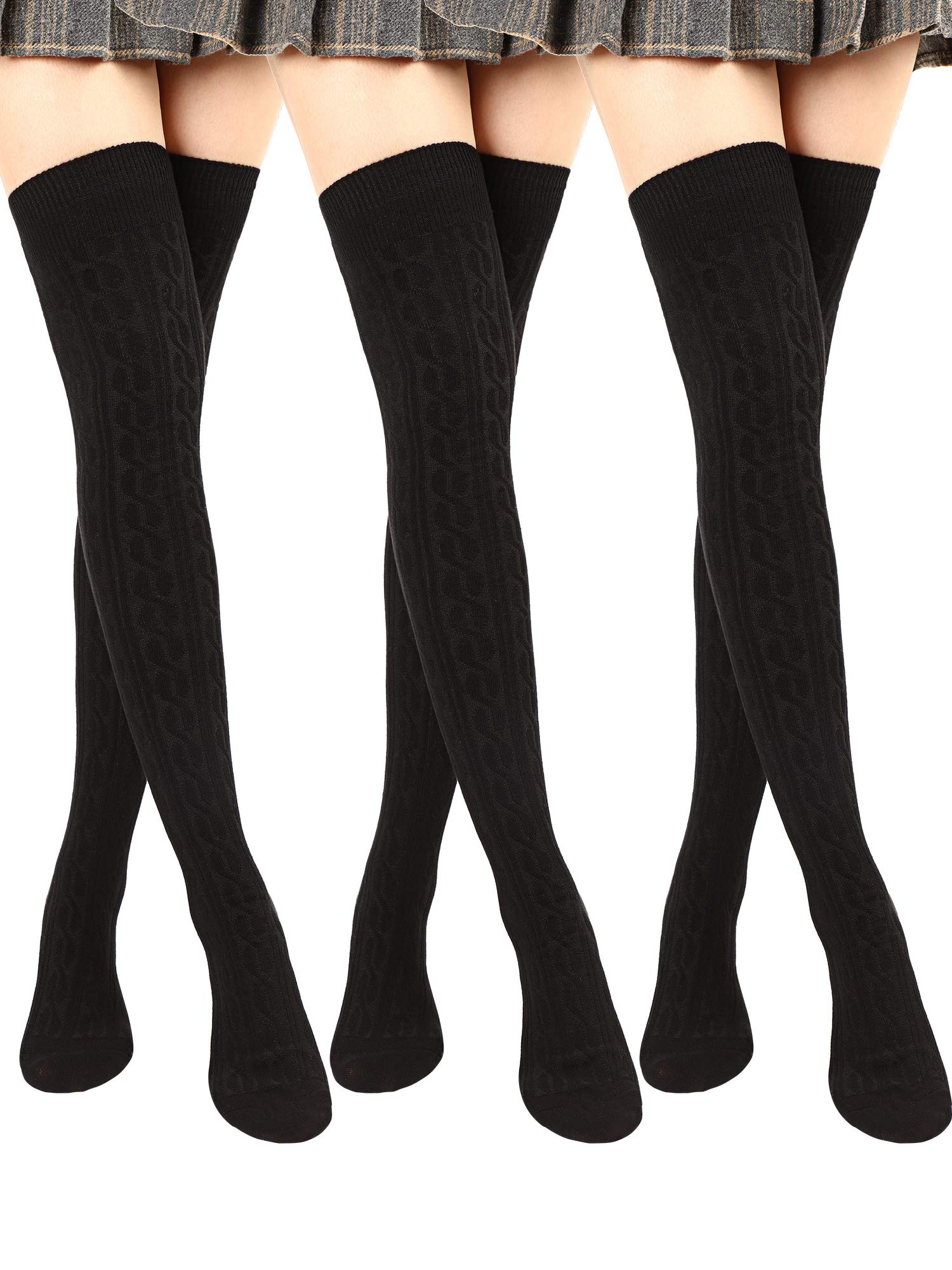 SATINIOR 3 Pairs Thigh High Socks Over Knee Socks Cotton Thigh High Knit Boot Stockings(Black, Dark Gray and White)