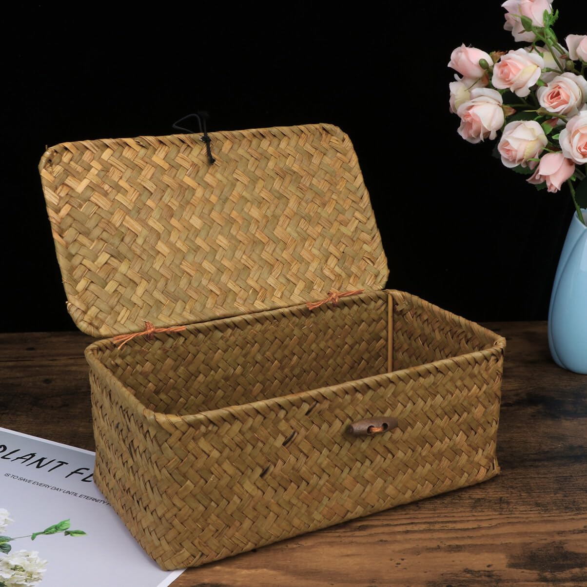 Storage Drawers Drawers Drawers Basket With Lid Woven Basket With Lid Rectangular Small Basket for Organize Snack (S) Shelf Shelf Shelf Woven Baskets