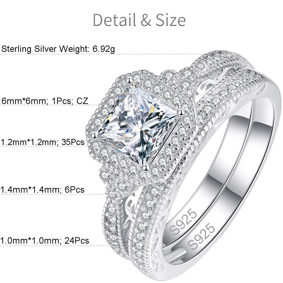 Yaresul 0.8ct Princess Cut Engagement Ring Sets 6X6mm White AAA Solitaire Cubic Zirconia Engagement Ring Set 925 Sterling Silver Wedding Ring Set for Women Size 9