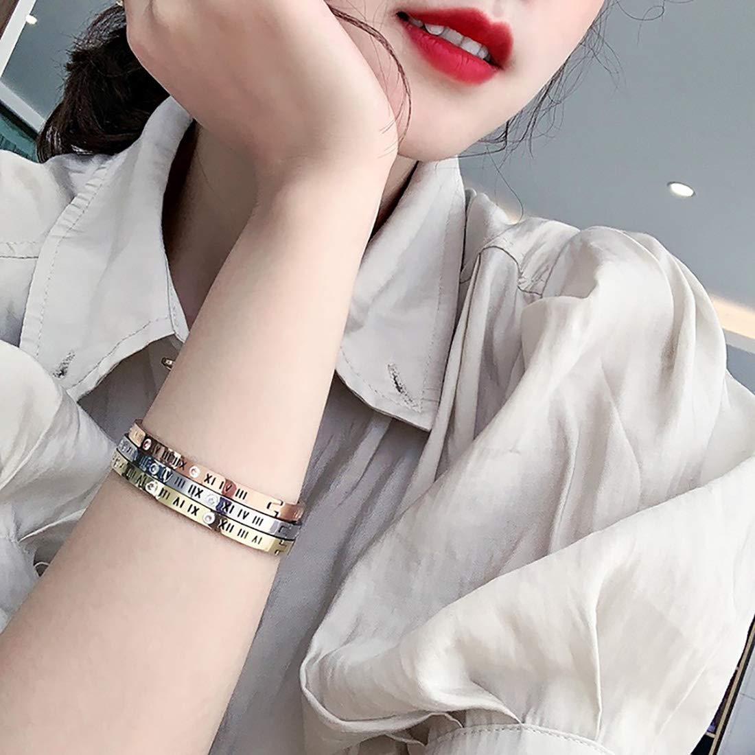Winnie women's stainless steel rhinestone Roman numerals bracelet, rose gold, gold, silver, width 4.55mm. diameter 60mm (3 color set)