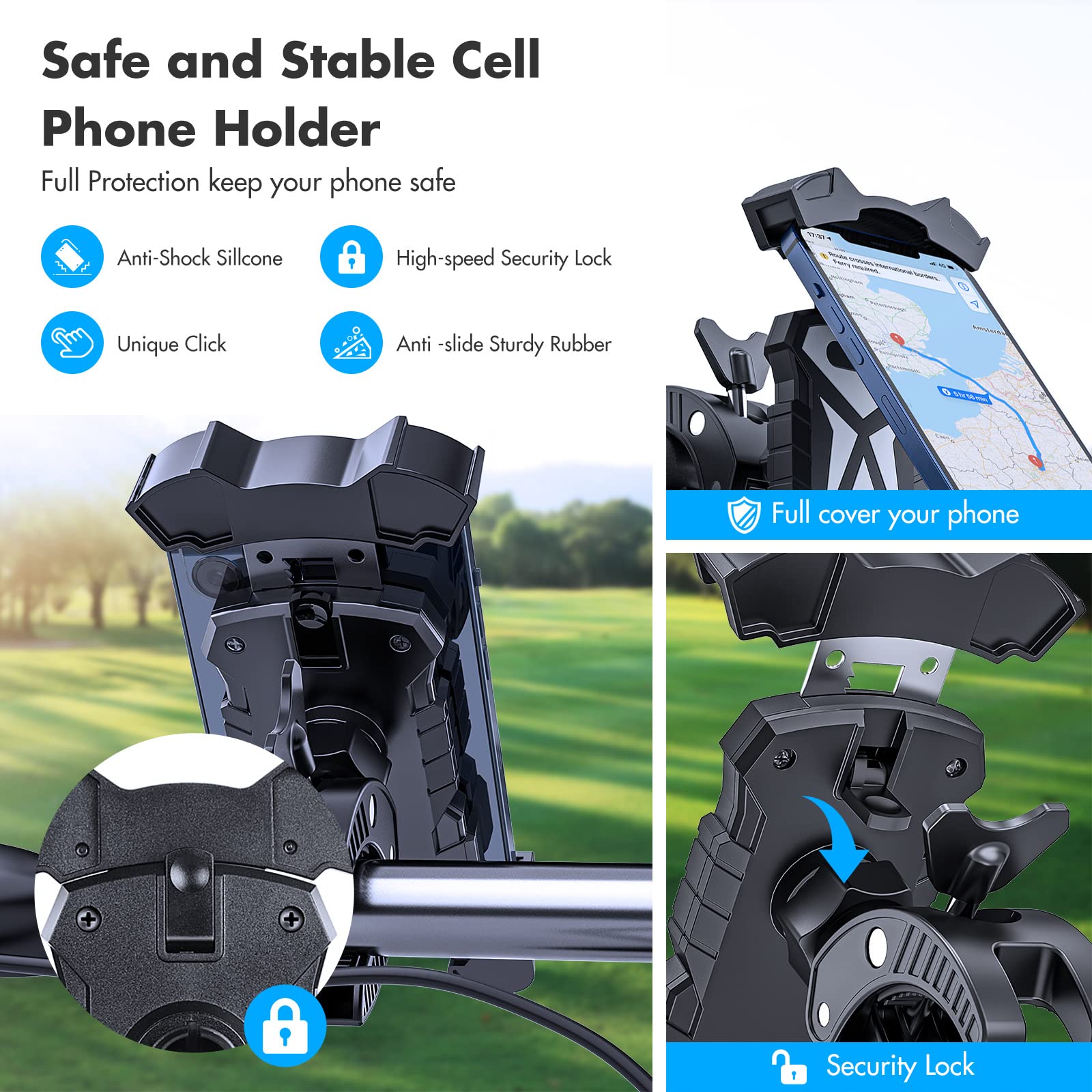 Universal Golf Cart Phone Holder, Adjustable Bike Phone Mount Bike Phone Holder for Handlebars Compatible with iPhone14,13,12,11, Pro Max ,Samsung Galaxy S21, S10, S9,and All 4.7-6.8” Cellphone
