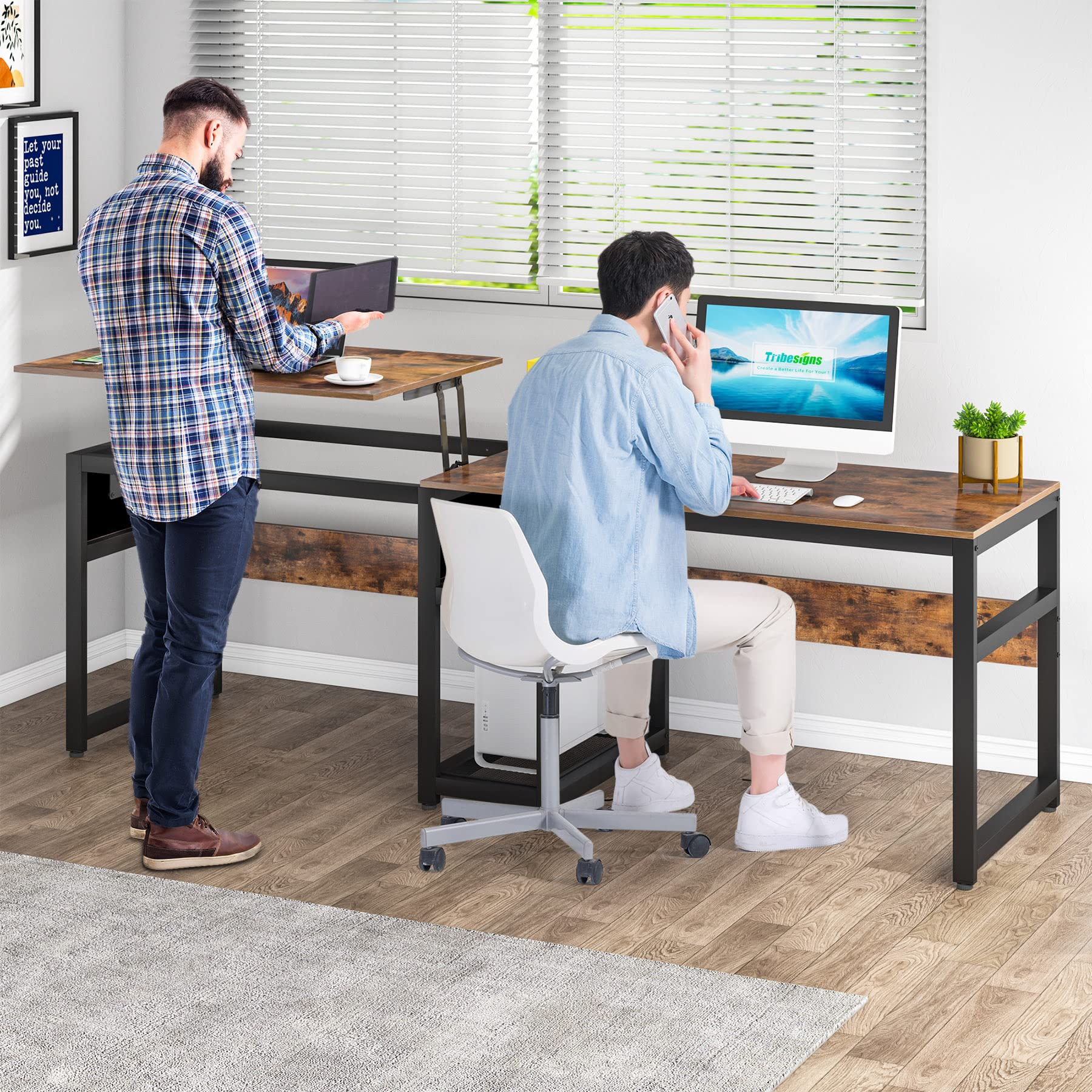 Tribesigns Lift Top Computer Desk, 78.8 inch Height Adjustable Double Home Office Desk Dual Writing Table Workstation with Storage Shelves