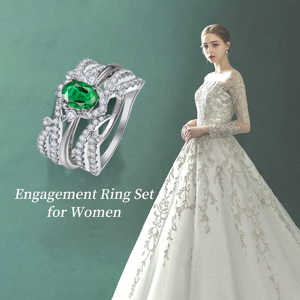 Yaresul 3pcs Silver Cubic Zirconia Wedding Ring Set for Women 5 * 8mm 925 Sterling Silver Green Created Emerald Ring Bridal Set Size 7