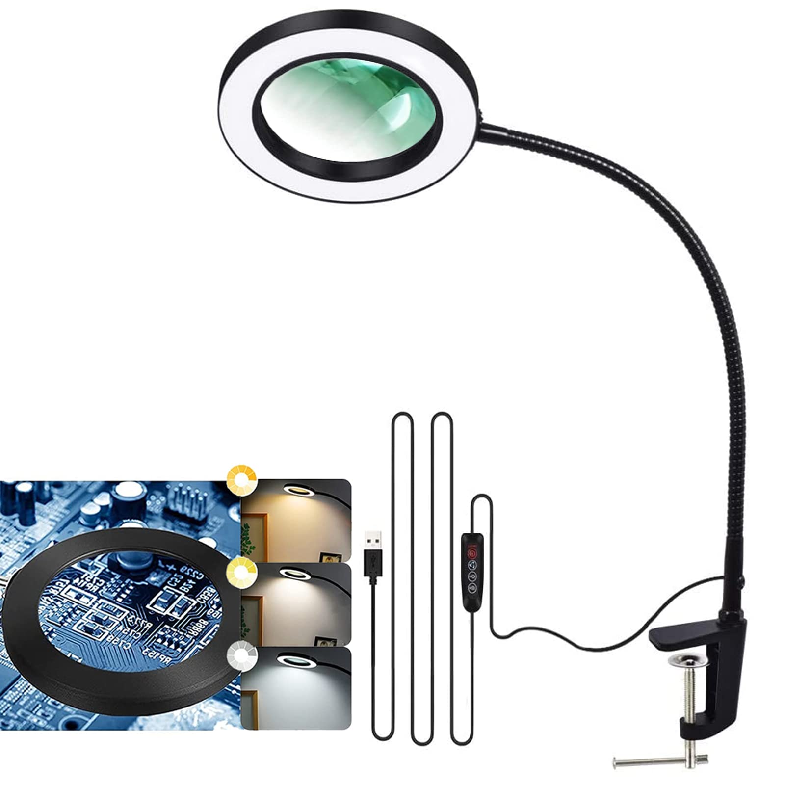 Toolour 5X LED Magnifying Glass Light Clamp Desk Lamp, 3 Modes & 10 Dimming, Large Magnifier Lens and 360° Flexible Gooseneck Arms for Home Workshop, Reading, Close Work, Rework Soldering & Pro Tasks