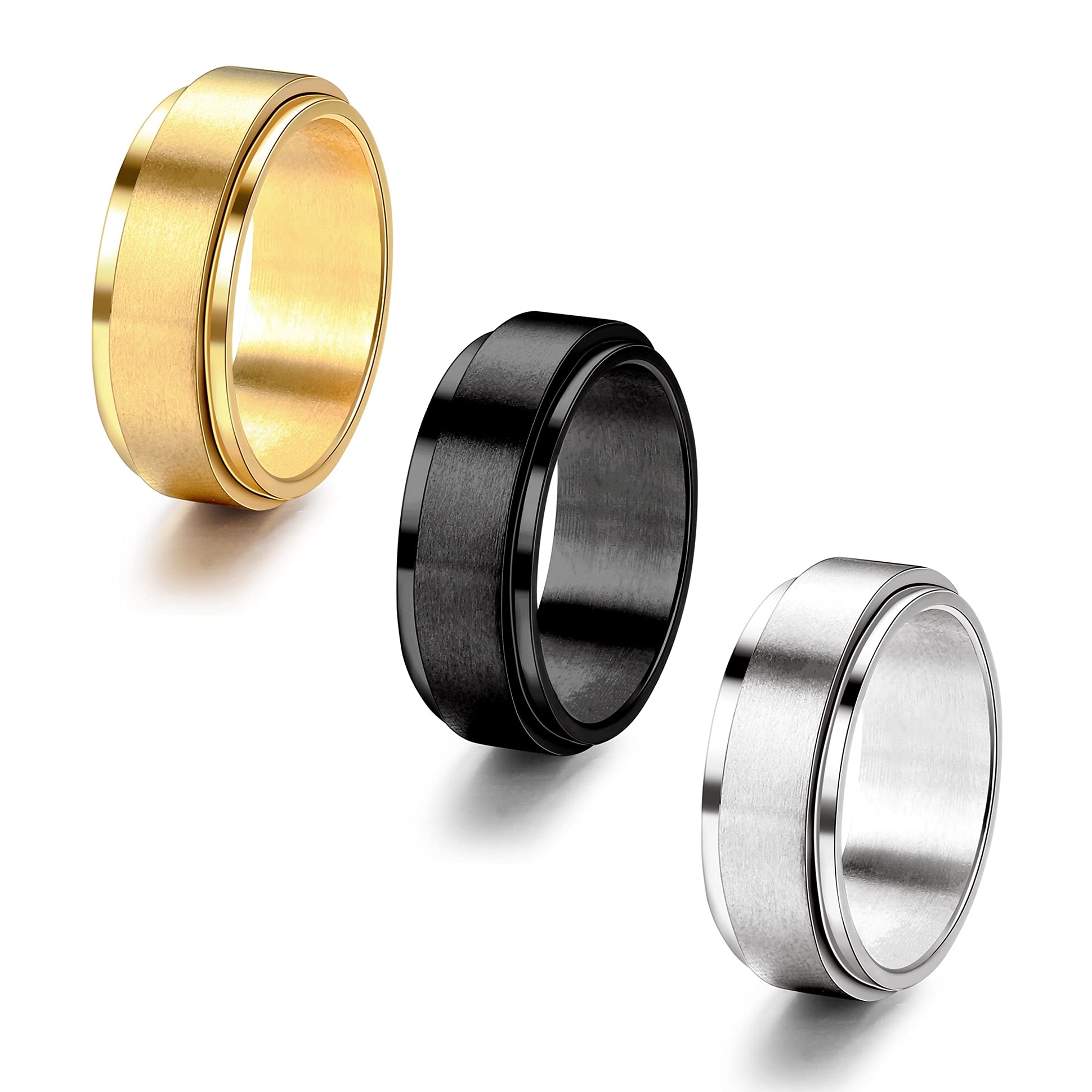 YADOCA 3 Pcs Stainless Steel Fidget Band Rings for Men Women Spinner Ring Set for Wedding Promise Silver Gold Black Tone Size 6