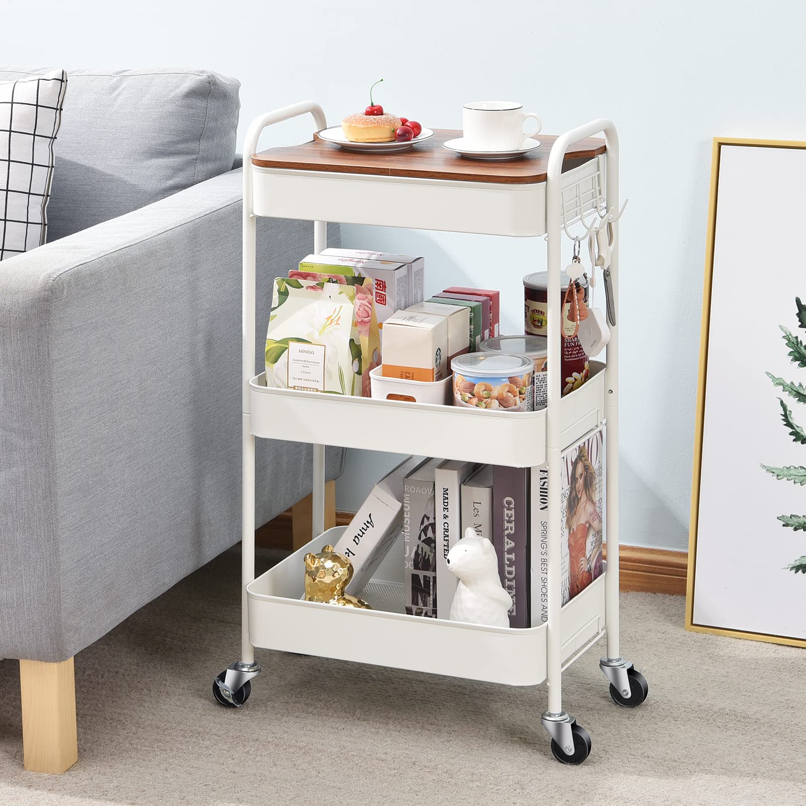TOOLF 3-Tier Rolling Cart, Metal Utility Cart with Detachable Tray Top, Storage Craft Art Cart Trolley Organizer Serving Cart Easy Assembly for Office, Bathroom, Kitchen, Kids' Room, Classroom