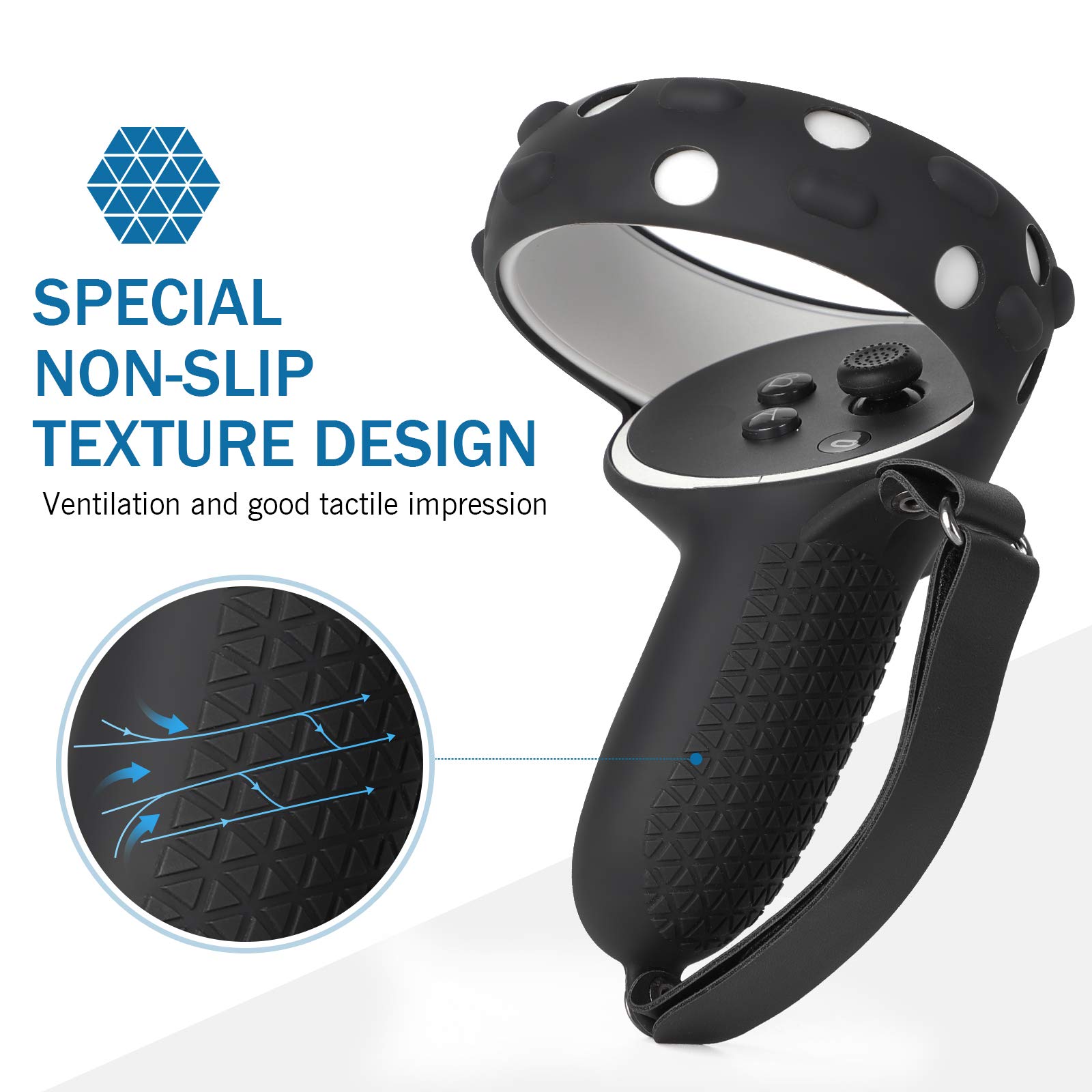 Touch Controller Grip Cover for Oculus Quest 2, Kuject Full Coverage Anti-Throw Handle Protective Sleeve, Lengthened Bottom with Adjustable Hand Strap Black