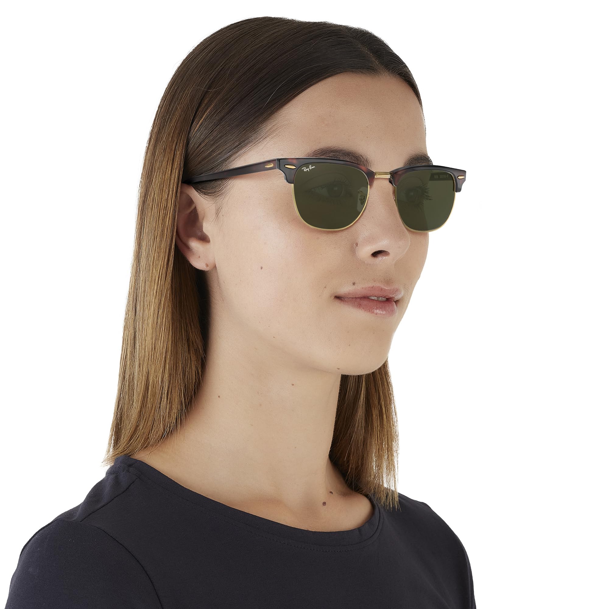 Ray-Ban RB3016F Clubmaster Low Bridge Fit Square Sunglasses, Mock Tortoise On Gold/G-15 Green, 55 mm