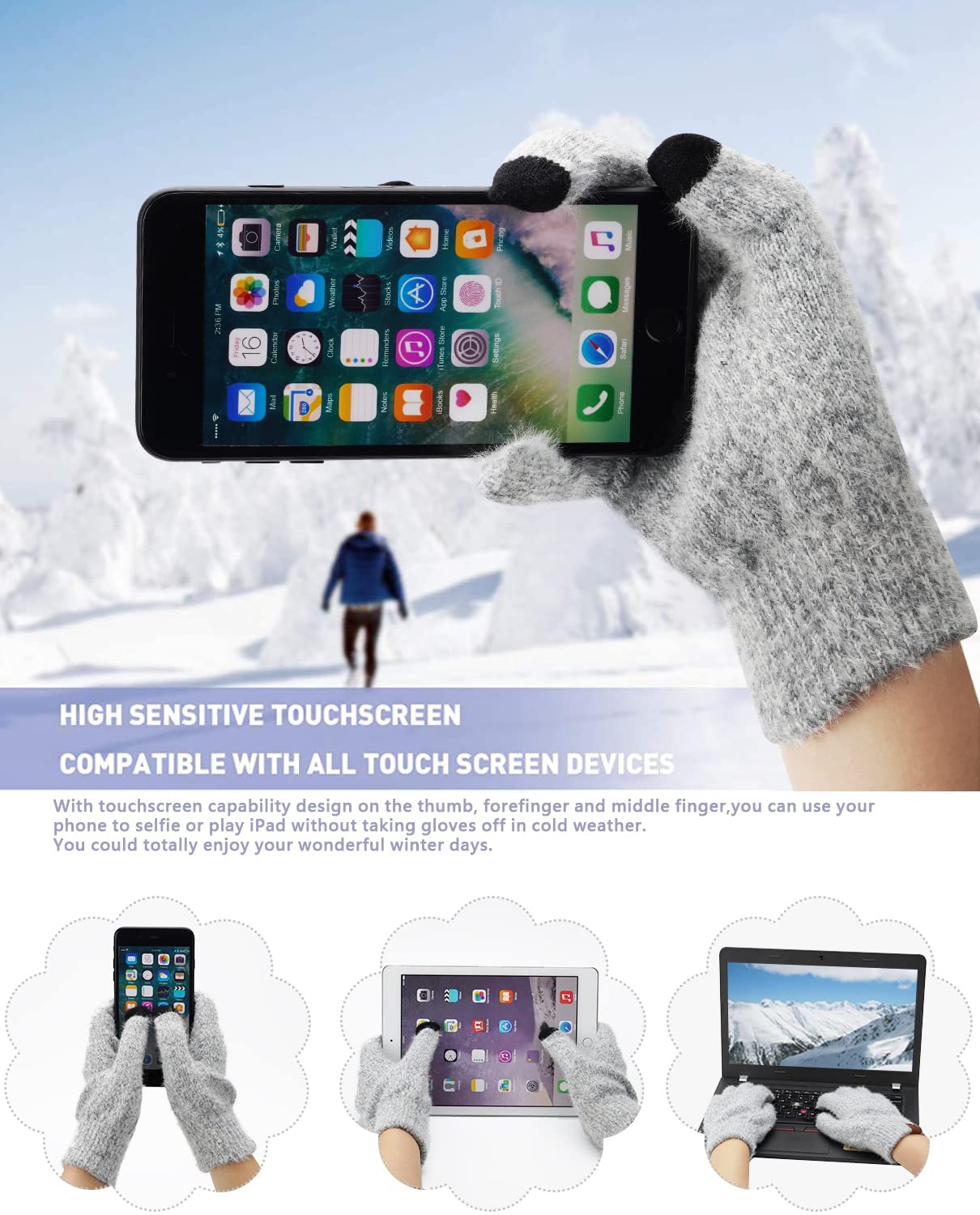 Womens Winter Warm Knit Beanie Hat Touchscreen Gloves Set with Fleece Lined Skull Cap Gloves Set for Women