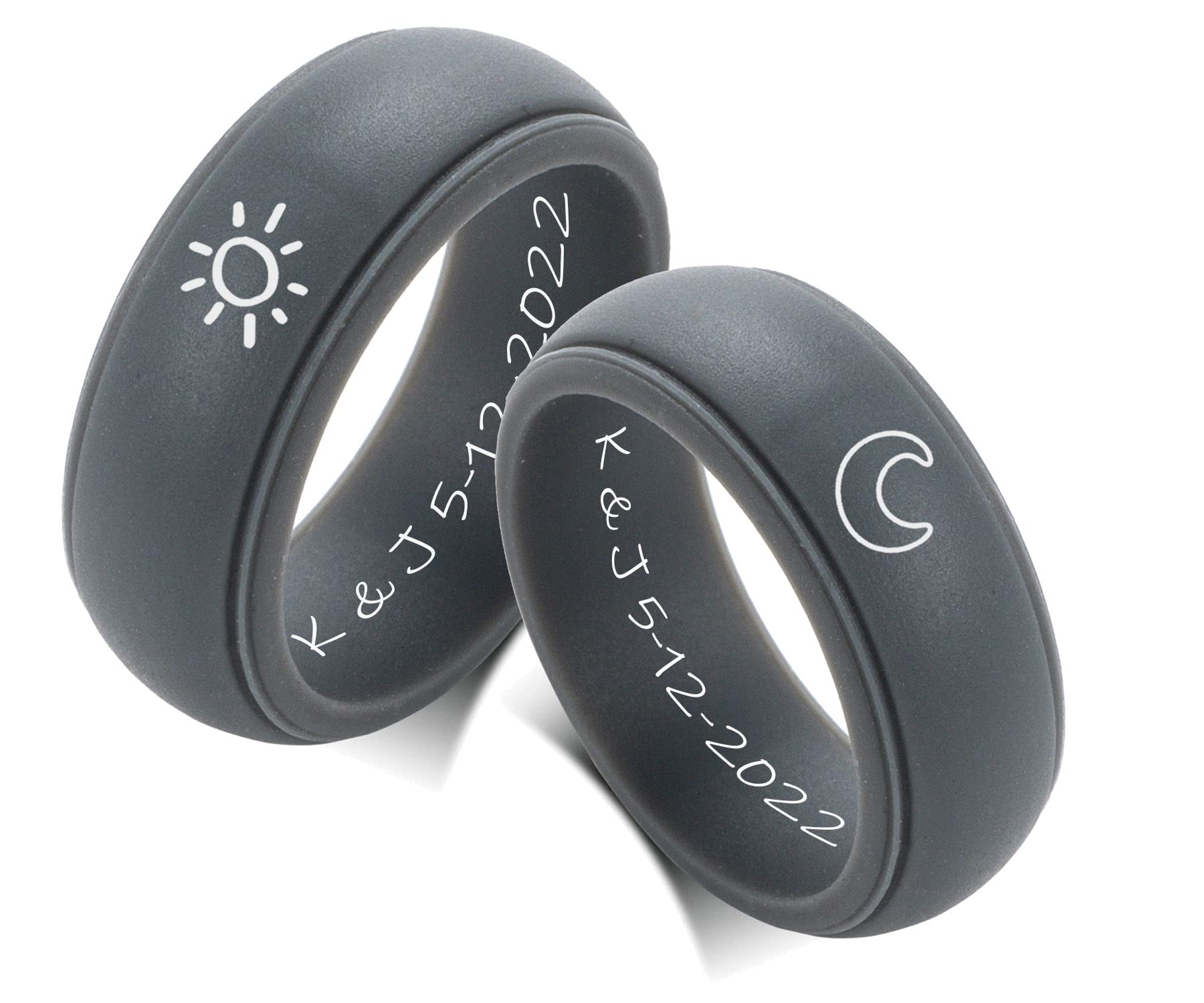 YUNGELX Customize Best Friend Ring for 2 Silicone Sun Moon Couple Ring 8MM Dark Grey Breathable Silicone Rubber Step Edge Dome Comfort Fit Wedding Band Promise Engagement Rings Set