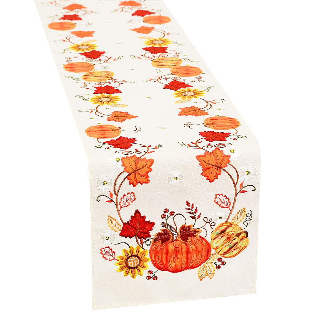 Simhomsen Fall or Autumn Harvest Table Runner for Thanksgiving, Appliqued Pumpkins, Sunflowers and Maple Leaves (14 × 70 inch)