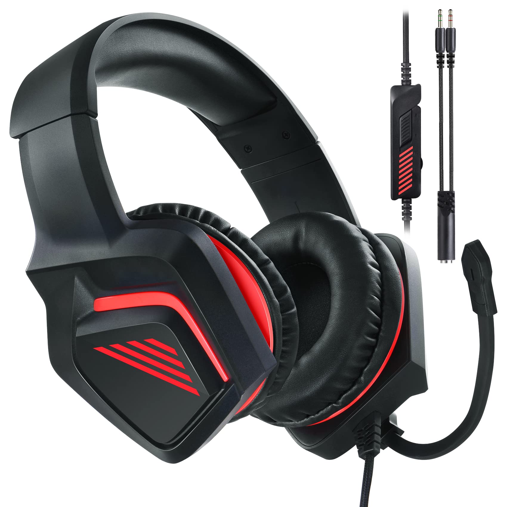 YaungBass Gaming Headset for PS4 PC Xbox One PS5 Controller, Stereo Sound Noise Cancelling Over Ear Headphones with Mic, Headsets Wired PC, PS4, PS5, Switch, Laptop Mac Nintendo 1.Black & Red