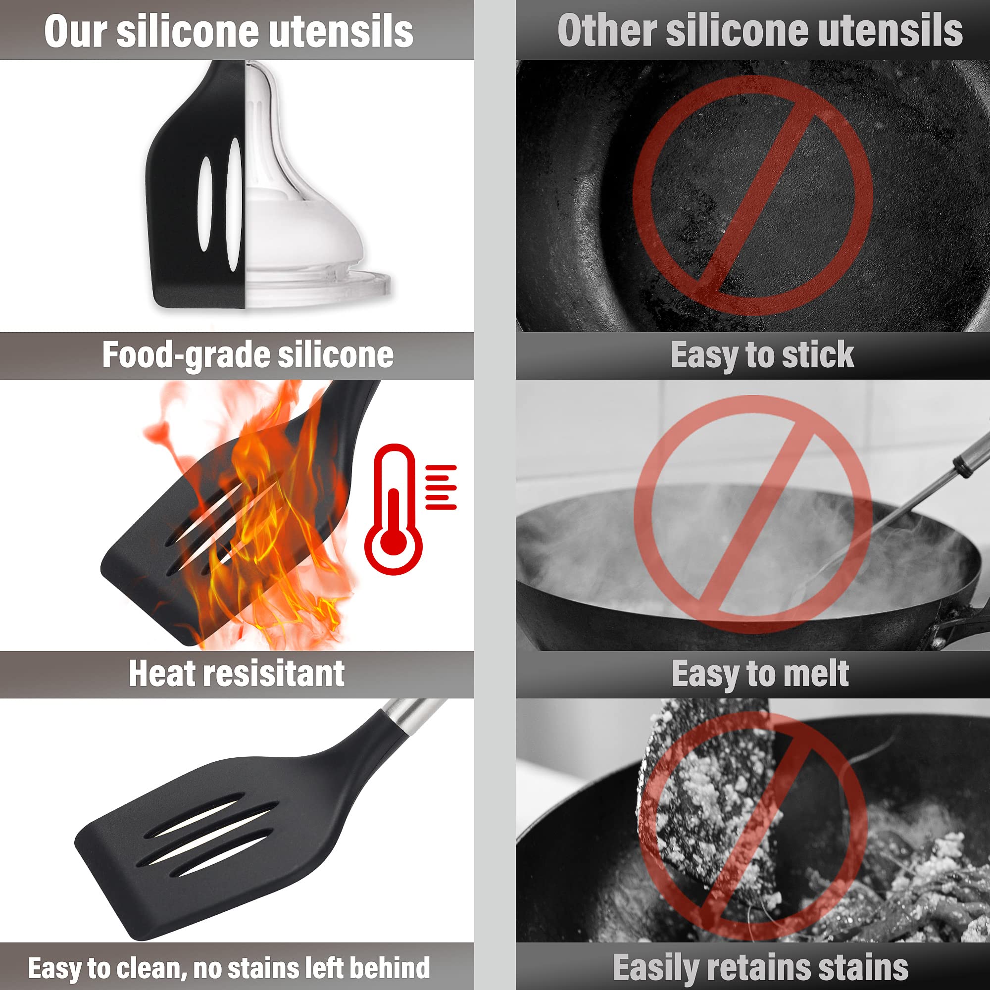 QMVESS Silicone Kitchen Utensil Set, 28 Pcs Non-Stick Cooking Utensils Set with Holder, Tongs, Spatula, Whisk, Measuring Cups and Spoons Set with Stainless Steel Handle Kitchen Gadgets (Black)