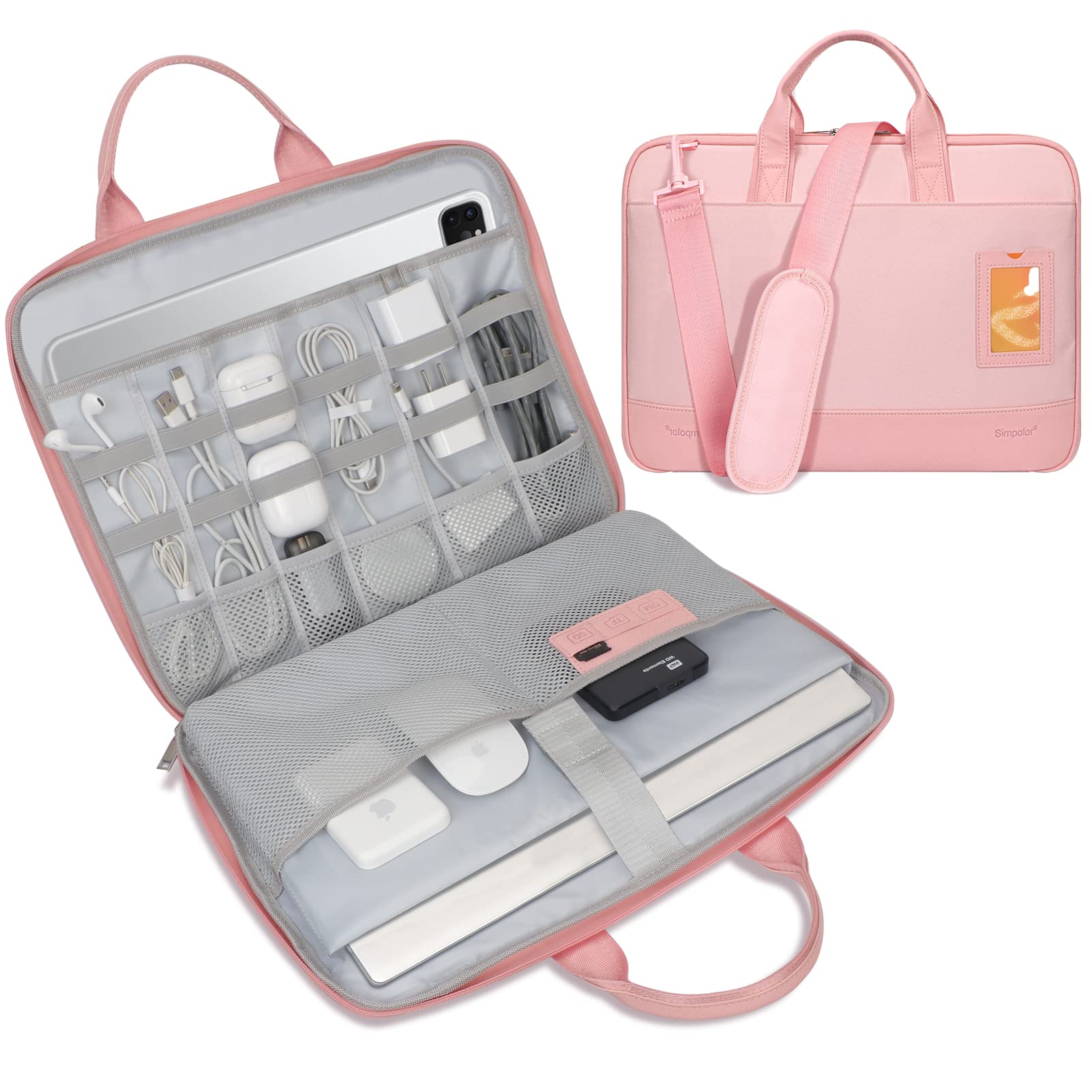 Simpolor 15.6’’ Laptop Case Cable Organizer, Electronic Organizer Inside with Outside Card Holder, 3-Layer Shockproof and Water Resistant 14/15 inch Laptop Sleeve, Pink