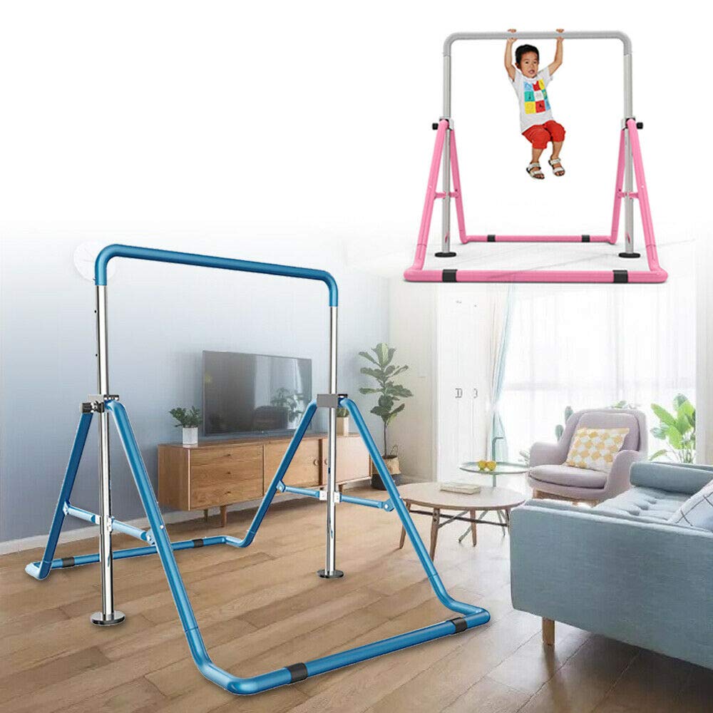 TFCFL Kids Gymnastic Horizontal Bar, Blue/Pink Gymnastics Horizontal Bars Adjustable Folding Gymnastics Garden Bar Home Sports Training Equipment Height Adjustable (Blue)