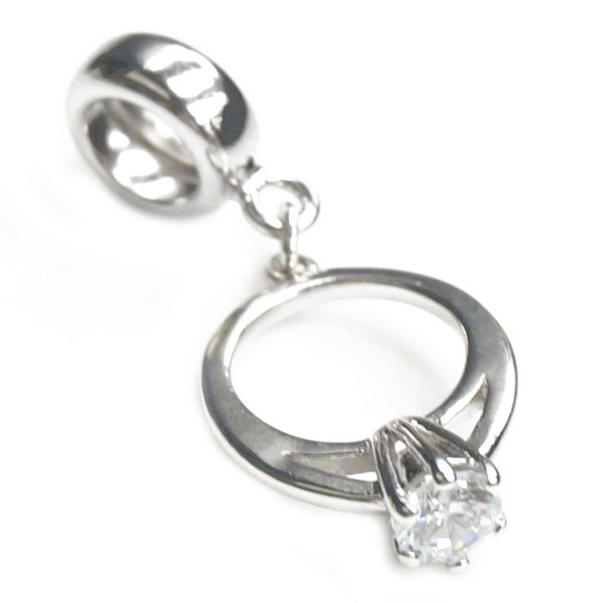 Queenberry Sterling Silver Engagement Wedding Ring Clear Cubic Zirconia Dangle Bead For European Charm Bracelets