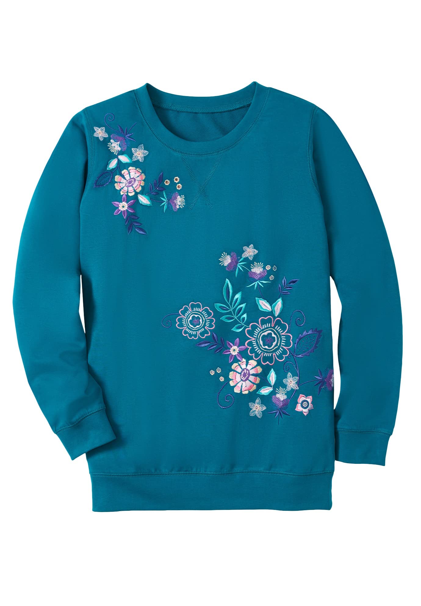 Woman Within Women's Plus Size Printed Sweatshirt - L, Radiant Purple Multi Floral Embroidery
