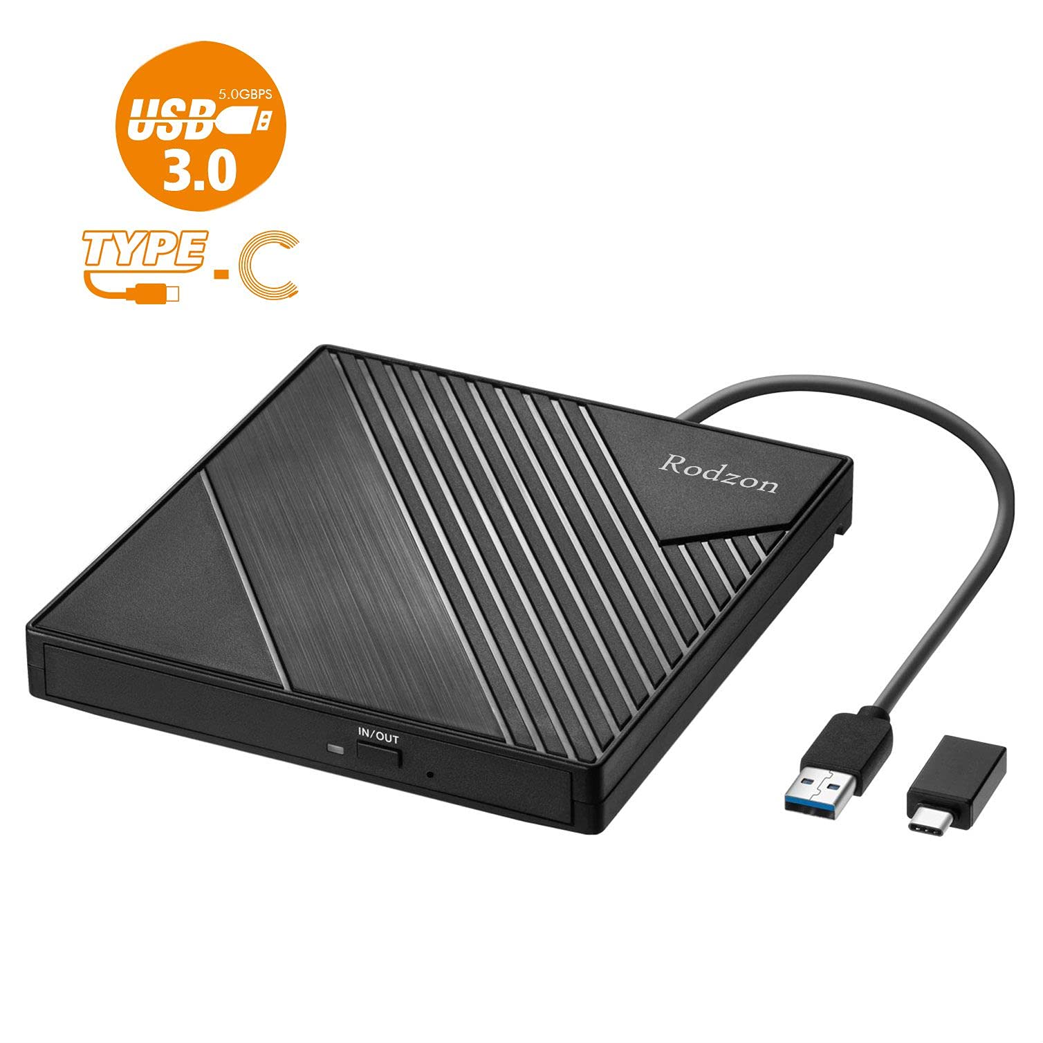 Rodzon External CD Drive Type C USB 3.0 Portable CD DVD +/-RW Drive Slim DVD/CD ROM Rewriter Burner Writer Compatible with Laptop Desktop PC Windows Linux OS Apple Mac, Type C