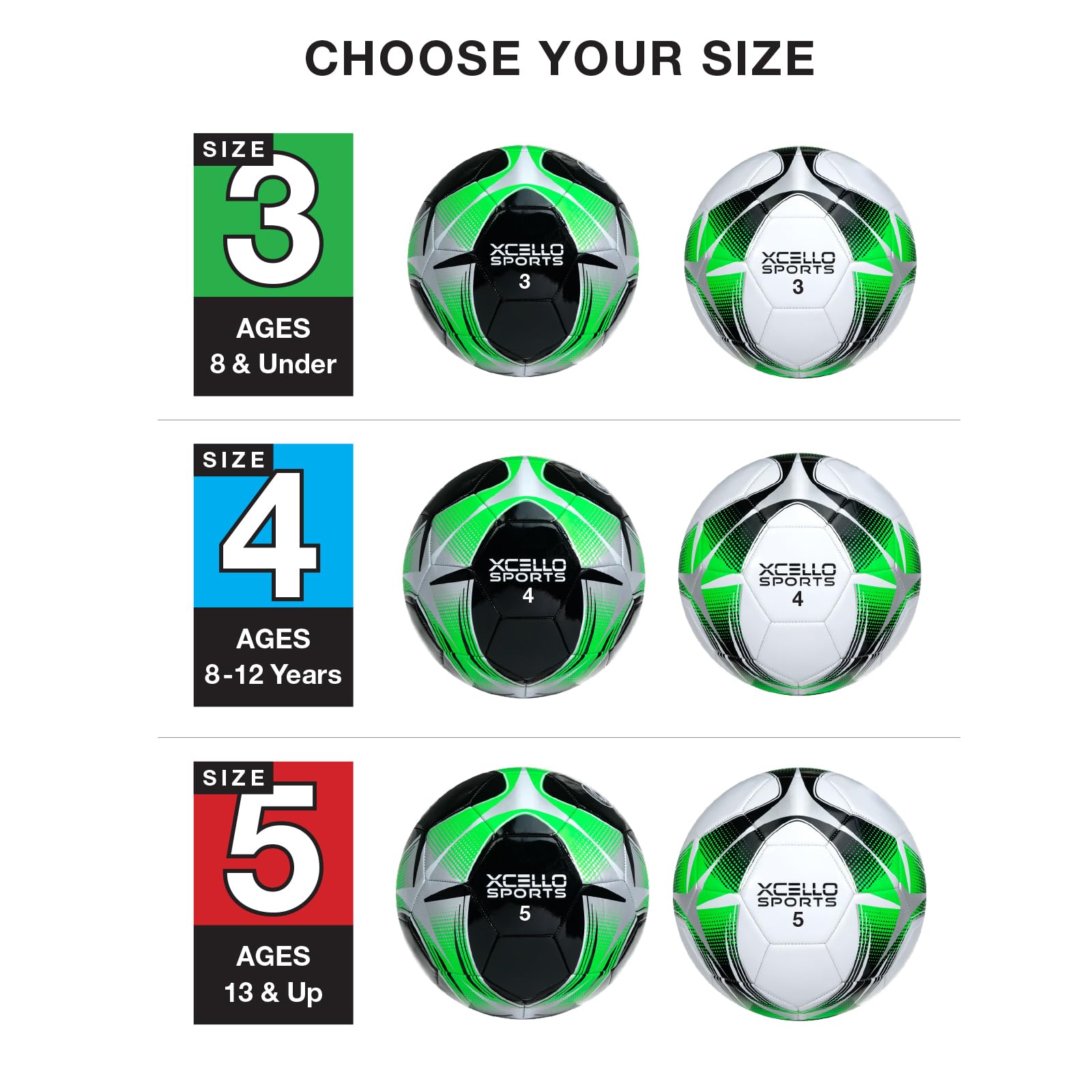 Xcello Sports Soccer Ball (Black/Green/Silver, White/Green/Silver) w/Pump (Size 5, Pack of 6)