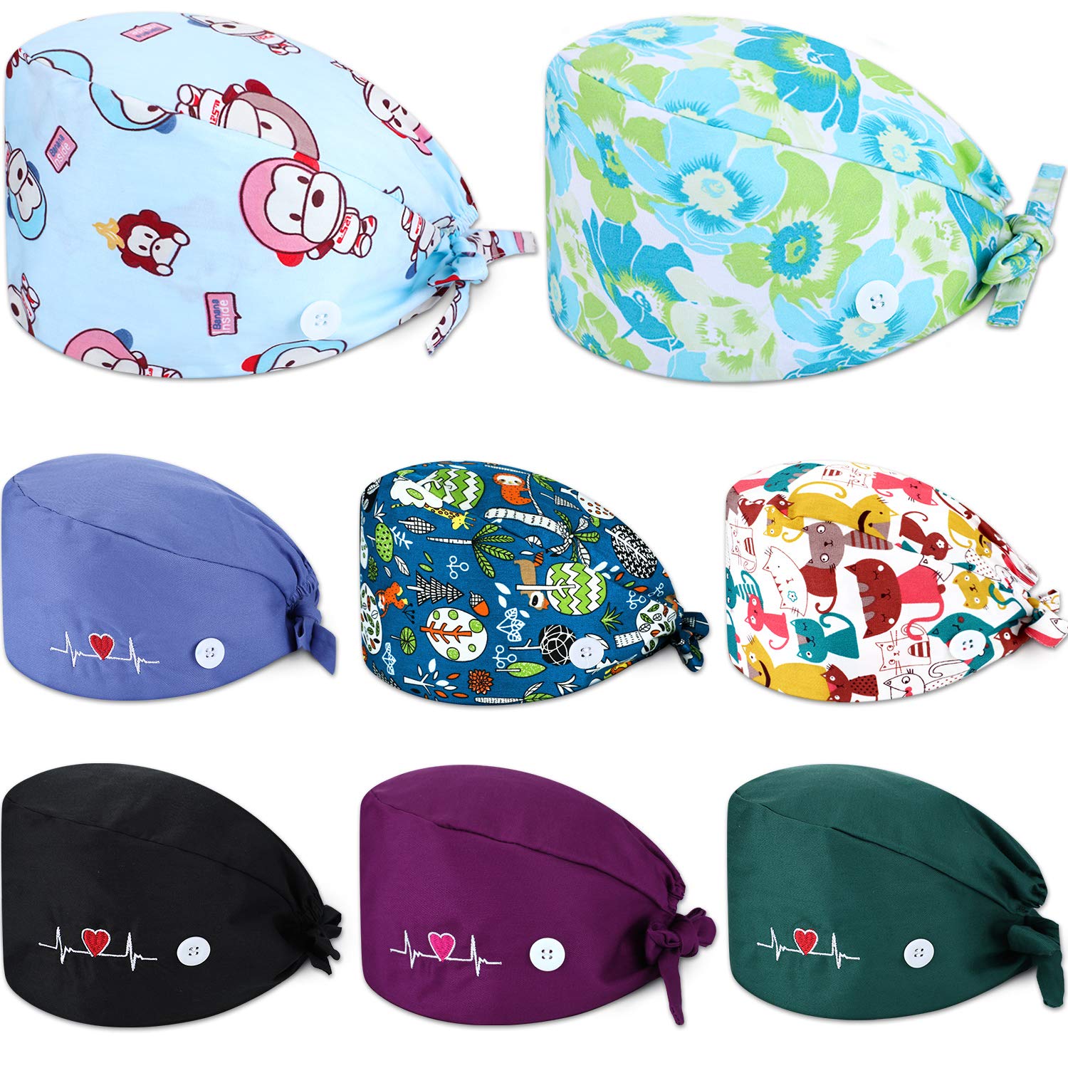 SATINIOR 8 Pieces Caps with Buttons Colorful Printed Tie Back Caps Unisex Caps with Sweatband for Women Men