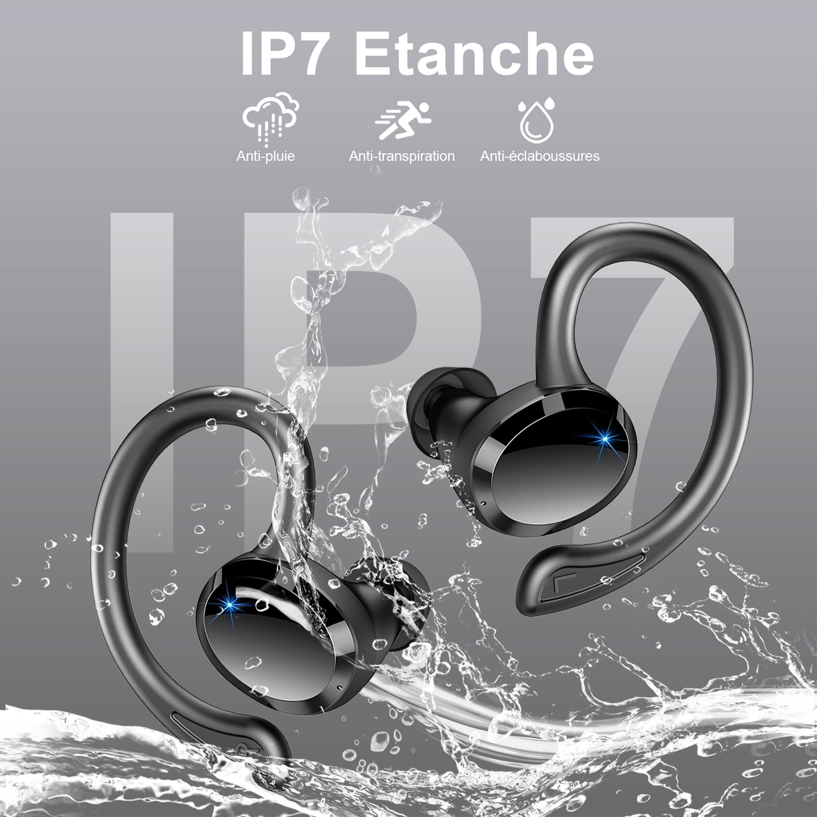Rulefiss Wireless Earbuds Bluetooth Headphones Sport, Bluetooth 5.3 Earbud 3D HiFi Stereo, 48Hrs Earhooks Earphone with Noise Cancelling Mic, IP7 Waterproof Headset for Workout/Running/Gym