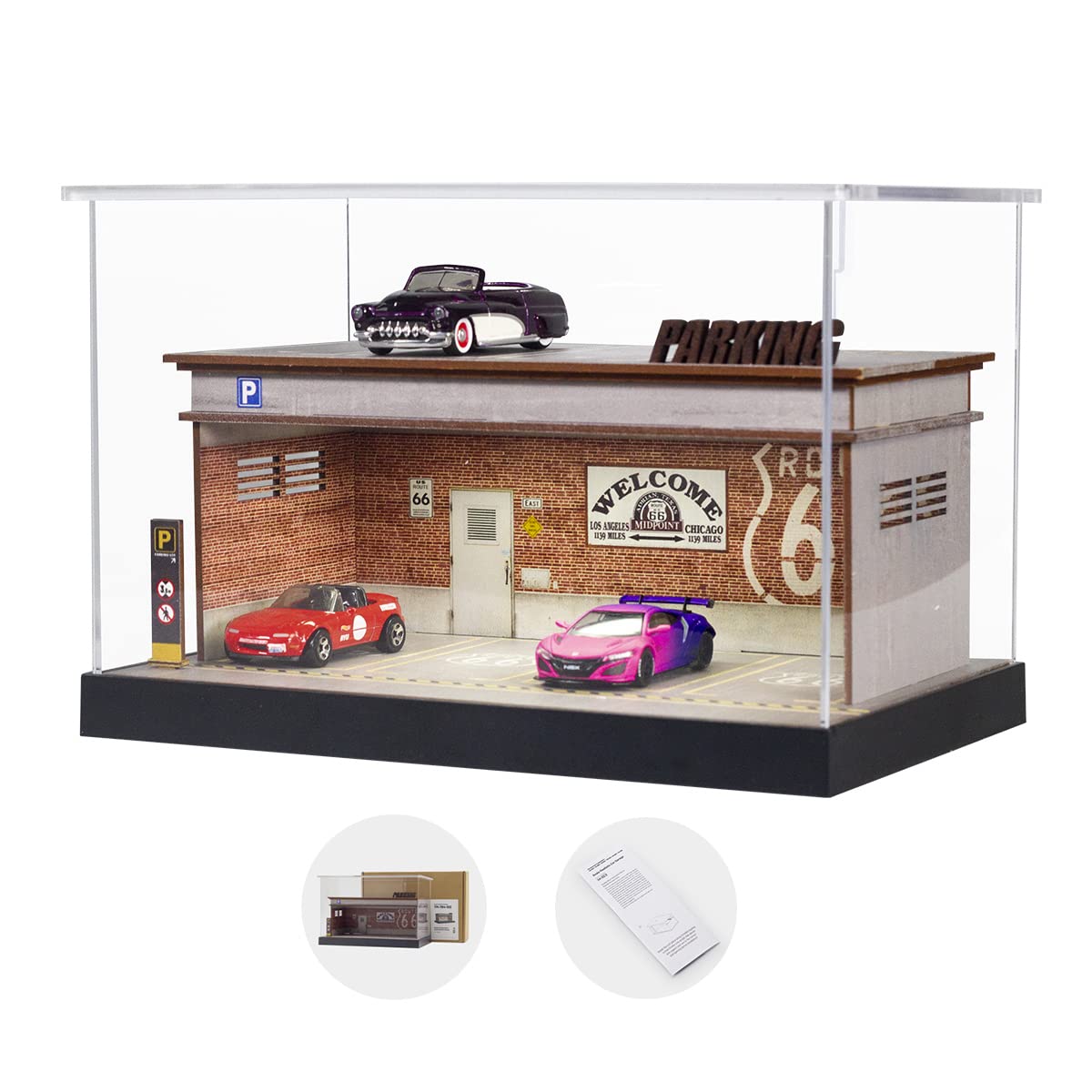 SIKIVOT 1/64 Scale Hot Wheels Display Case ,Parking Lot Model Car,Die-cast Car Garage Display Case, Hot Wheels Parking Garag,8 Parking Space with LED Light and Acrylic Cover (7641 Red Brick Wall