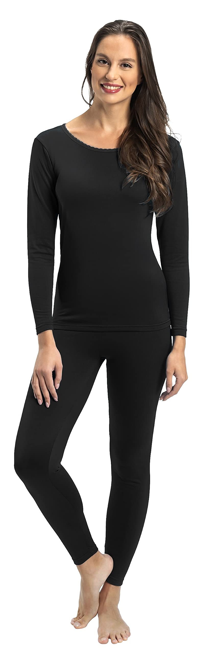 Rocky Thermal Underwear for Women Lightweight Cotton Knit Thermals Women's Base Layer Long John Set (Black - Lightweight - Large)
