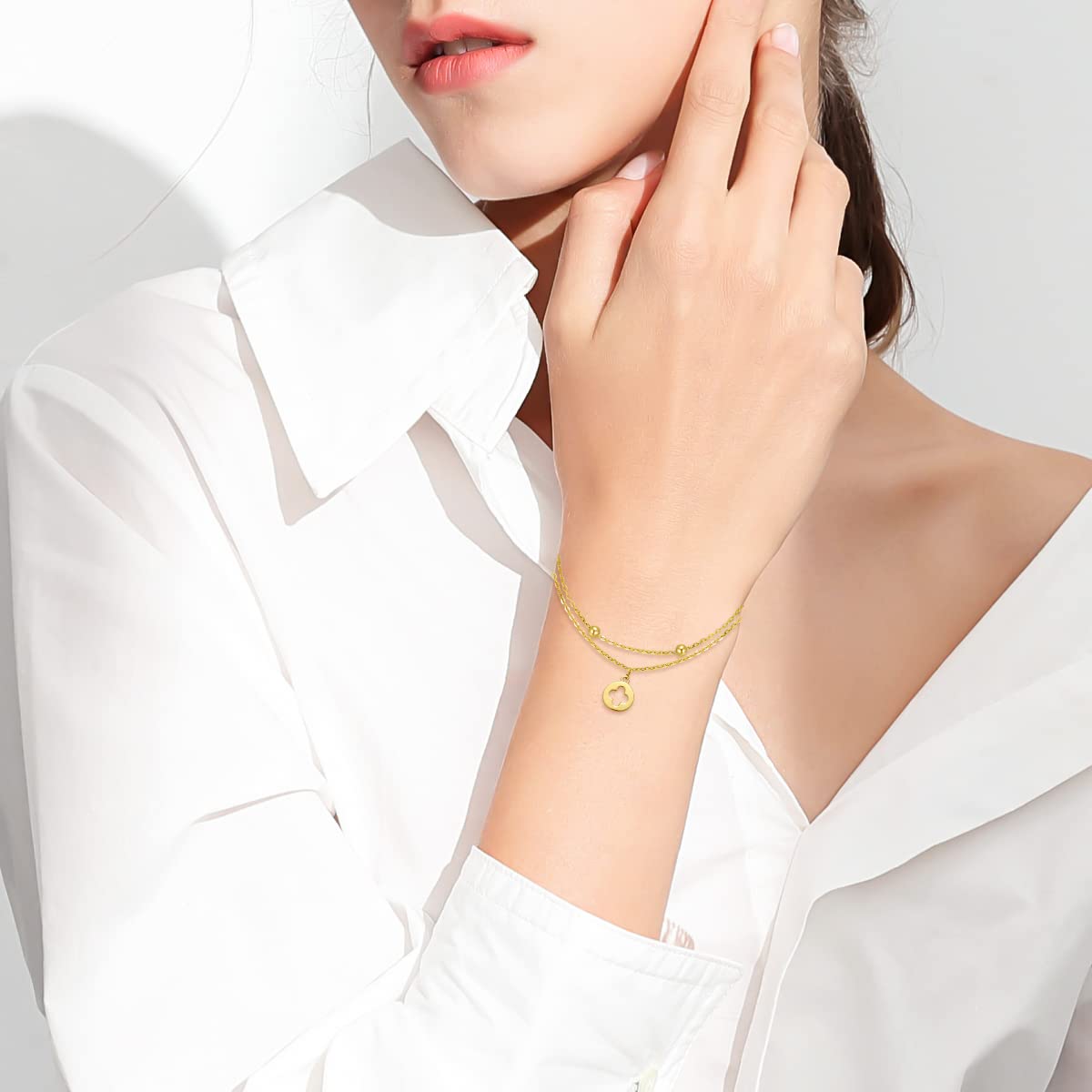 YDD 14K Solid Gold Four Leaf Clover Bracelet for Women Layered Bracelets for Women Gold Beaded Bracelet 6.5+1+1 inch