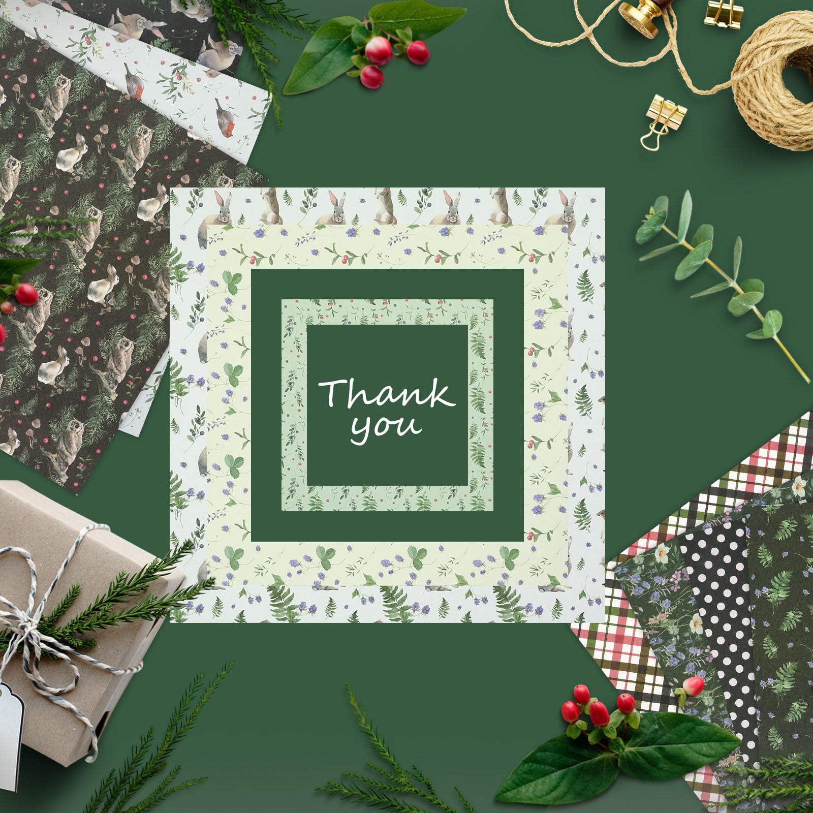 PUIKSXER 24 Sheets Forest Themed Scrapbook Paper, 6 x 6 Inches Animals Green Leaves Dots Pattern Paper Single-Sided Decorative Cardstock for Junk Journal Card Making Background Paper