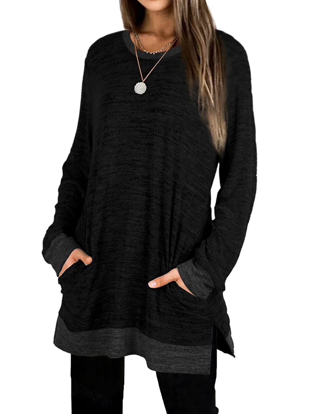 XIEERDUO Black Crew Neck Sweatshirt Womens Lightweight Sweater Tunic Long Sleeve Tops Fall XL