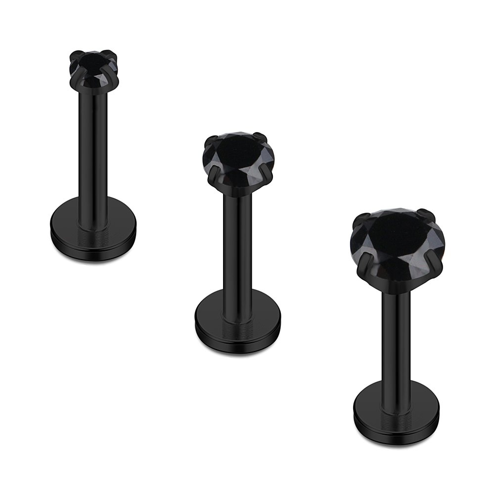 Ruifan Black Plated Stainless Steel 2mm 2.5mm 3mm Black CZ Gem Internally Threaded Labret Monroe Lip Ring Tragus Nail Helix Earring Stud Barbell Piercing Jewelry 16G 10mm 3pcs