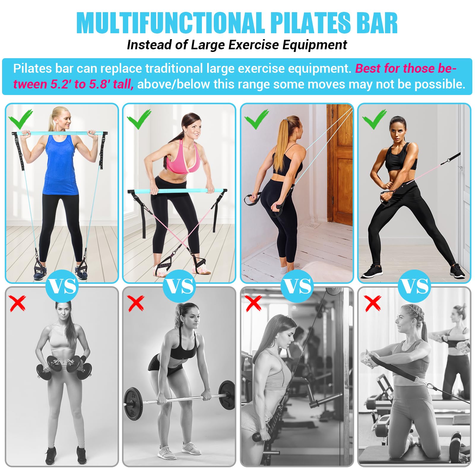 Pilates Bar Kit with Resistance Bands, Multifunctinal Exercise Bar with Resistance Bands for Pilates/Abs/Weight Loss, Portable Home Gym Pilates bar kit for Full Body Training Women - Blue
