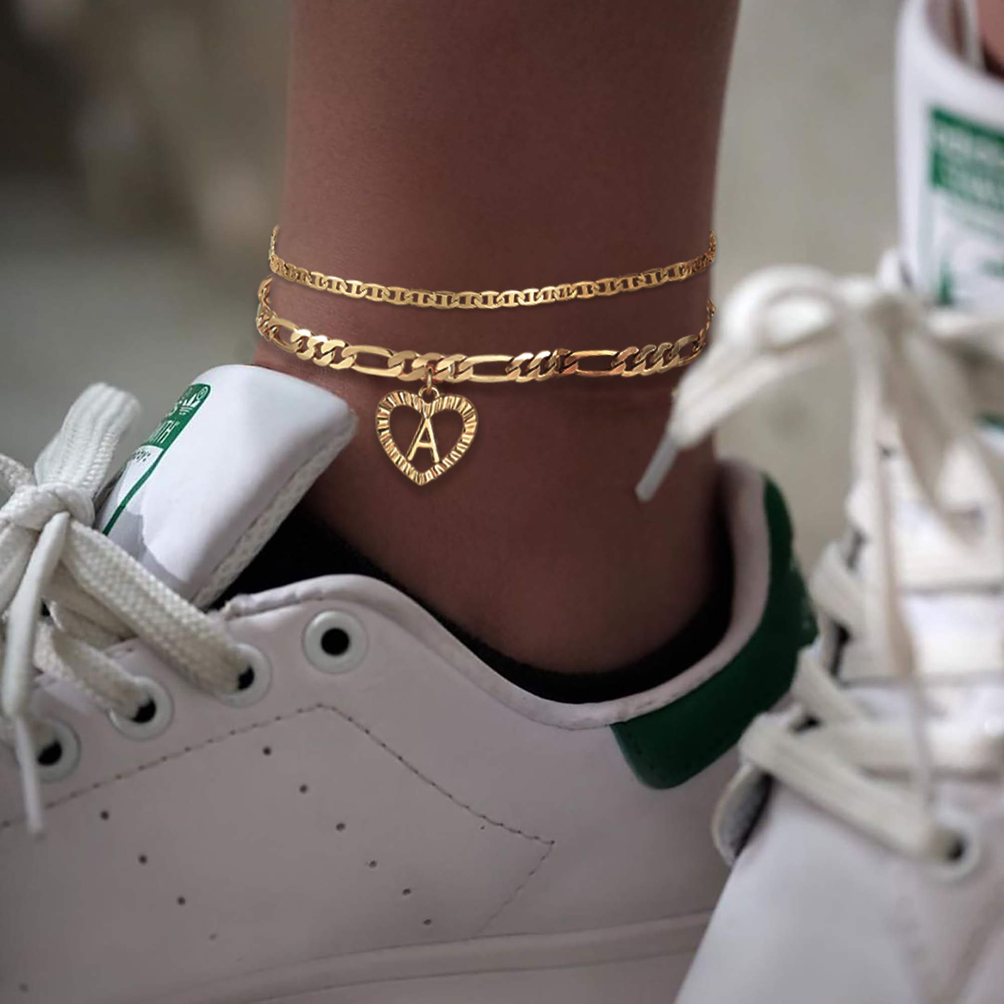 YANODA Initial Ankle Bracelets for Women 14K Gold Plated Layered Figaro Chain Letter Initial Anklets Handmade Layered Heart Ankle Bracelets Personalized Jewelry for Women A