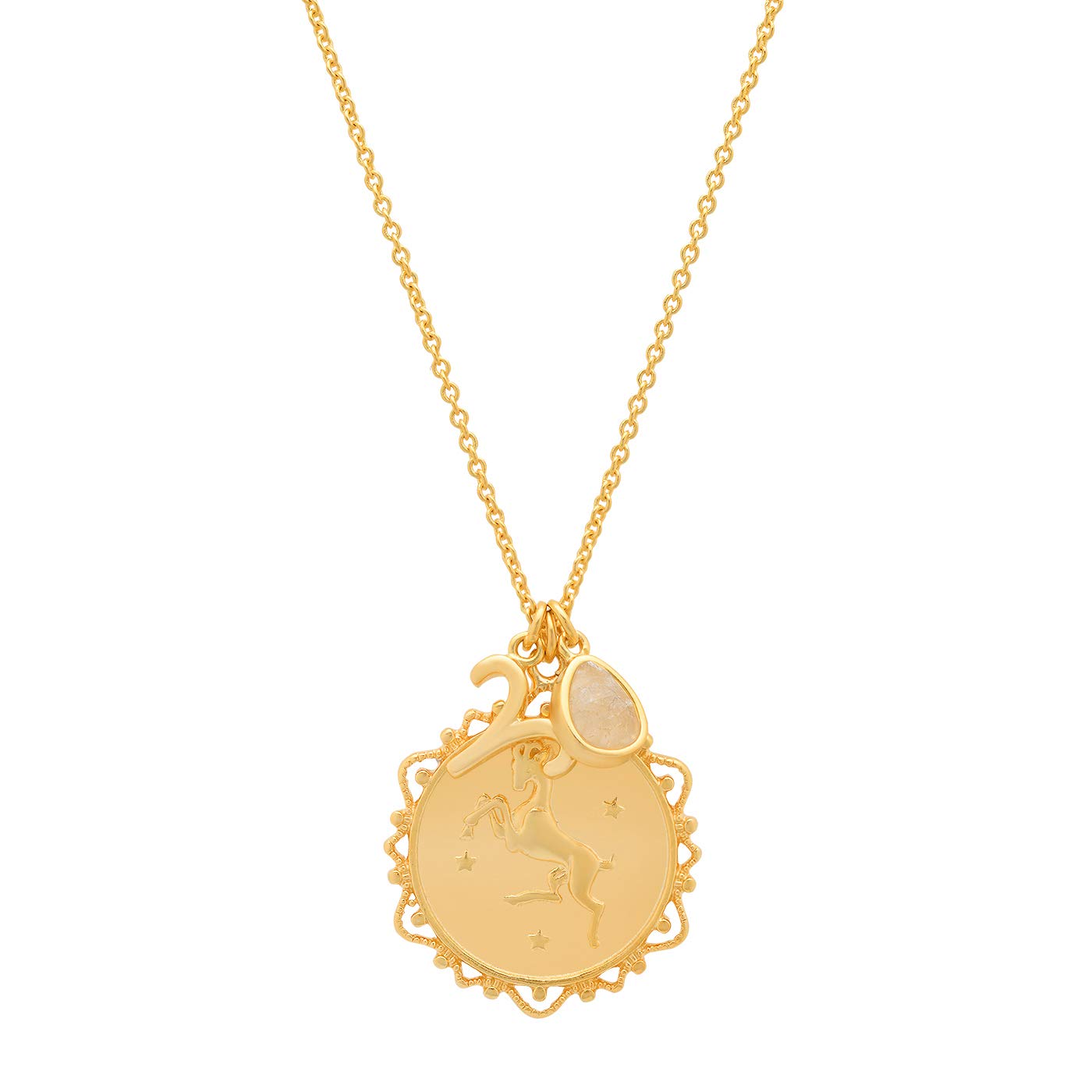 Tai Jewelry Gold Plated Zodiac Charm Symbol and Disc Pendant Necklace, Bezel Set Cat's Eye Charm, 20" with Extender