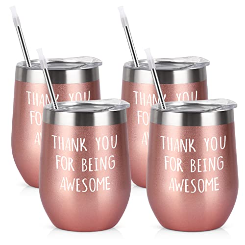 Thank You Gifts, Thank You for Being Awesome Wine Tumbler Set of 4, Inspirational Appreciation Birthday Gifts for Women Coworker Friends Teacher Her, Insulated Stainless Steel Tumbler(12oz, Rose Gold)