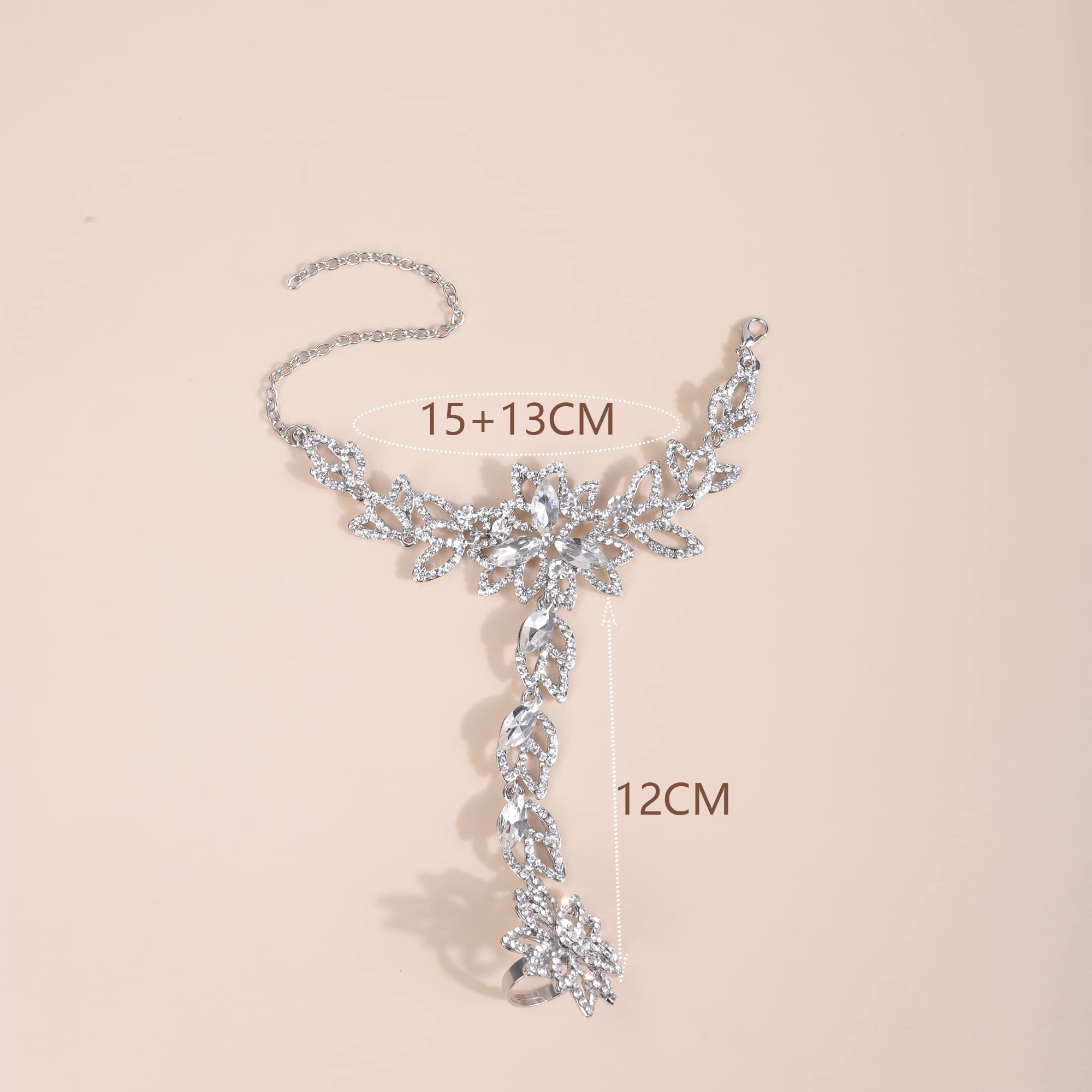 YERTTER Dainty Spark Shining Rhinestone Crystal Hand Chain Bracelet with Finger Ring Flower Slave Link Bracelet Wedding Bridals Hand Jewelry (Style 13)