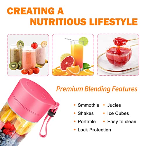 Thaivee Portable Blenders,Personal Size Blender Smoothies and Shakes, USB Rchargeable Juicer Cup with Six Blades in 3D, Handheld Blender Sports,Travel and Home(pink)