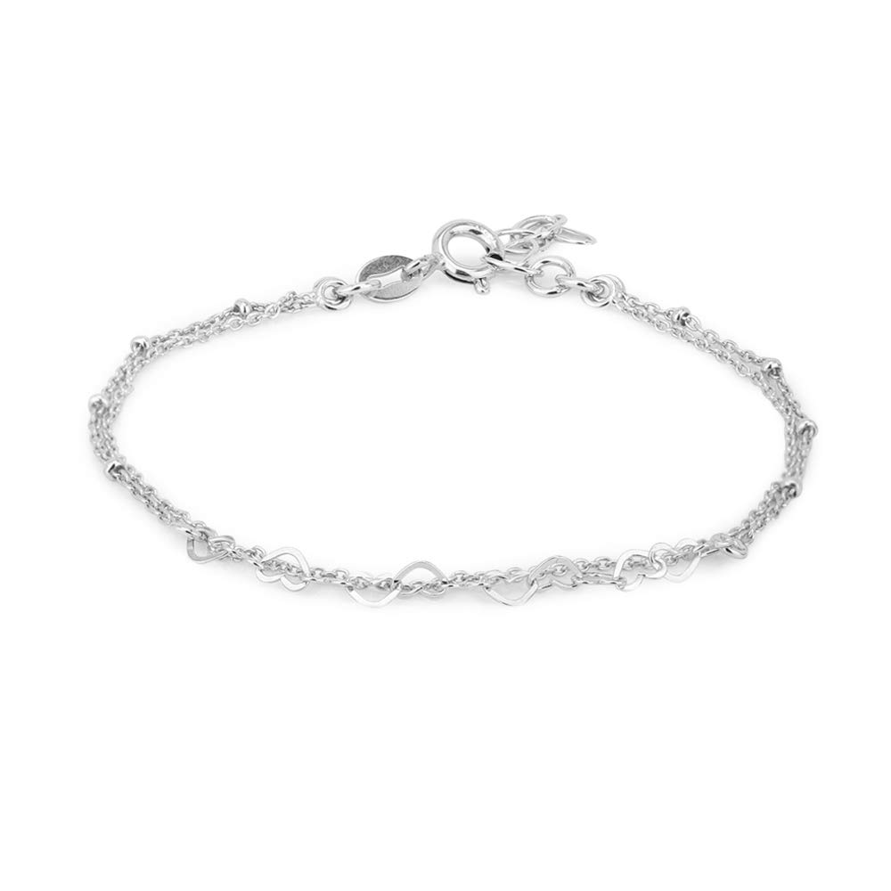 Vanbelle Sterling Silver Jewelry - Rhodium Plated with 925 Stamp - Interlinked Hearts Charm Bracelet - Elegant Handcrafted with Multi Chain for Women - 6.5" long + 1" extender
