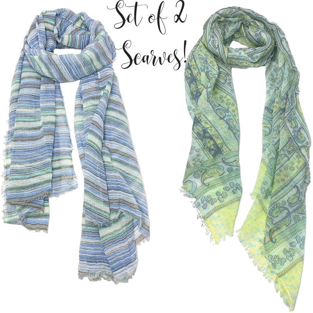Scarf Set for Women – Set/2 Scarves - Large Lightweight for Wrap or Shawls for any Season - Green and Blue Designs