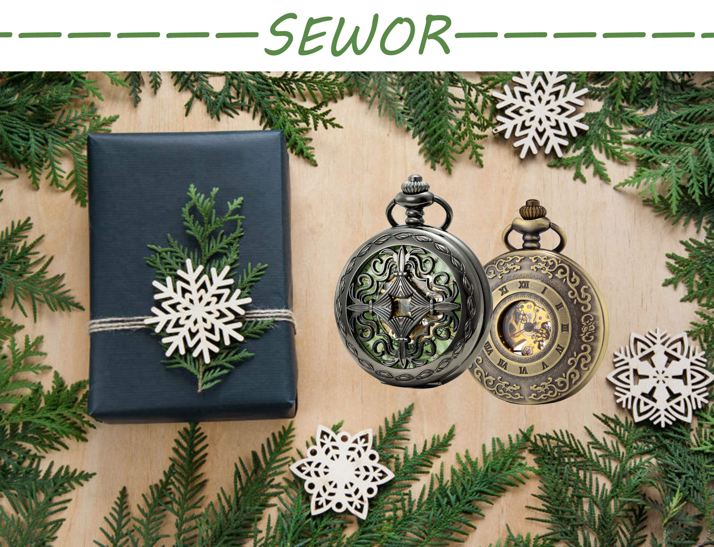 SEWOR Mens Luminous Dial Hand Wind Mechanical Pocket Watch with Brand Leather Gift Box (Stand Up Black) (Green)