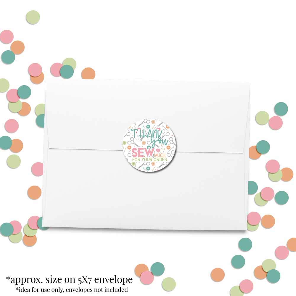 Thank You Sew Much Cute Sewing Themed Customer Appreciation Sticker Labels for Small Businesses, 60 1.5" Circle Stickers by AmandaCreation, for Envelopes, Postcards, Direct Mail, More!