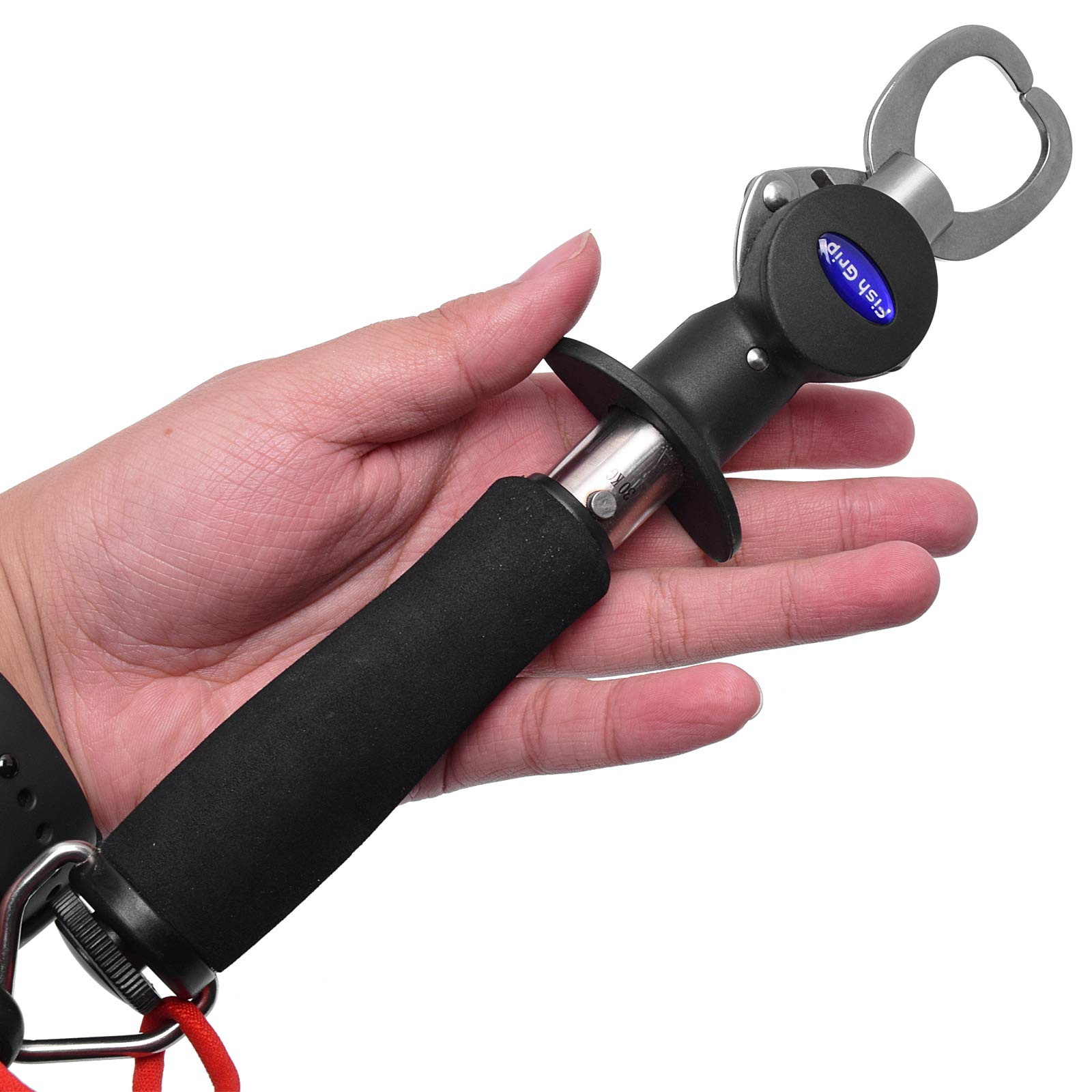 SF Fish Grip Holder Stainless Steel Fishing Gripper Two-Sided Trigger Tool Fish Lip Grabber with Scale Max 30kg EVA Foam Handle Adjustable Wrist Strap