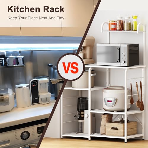 SDHYL Coffee Bar, 35 inch Bakers Rack Microwave Stand with 5 Storage Shelves and Hooks, Kitchen Shelves Organizers Bakers Racks, Microwave Table Coffee Station Table for Home Kitchen Bathroom