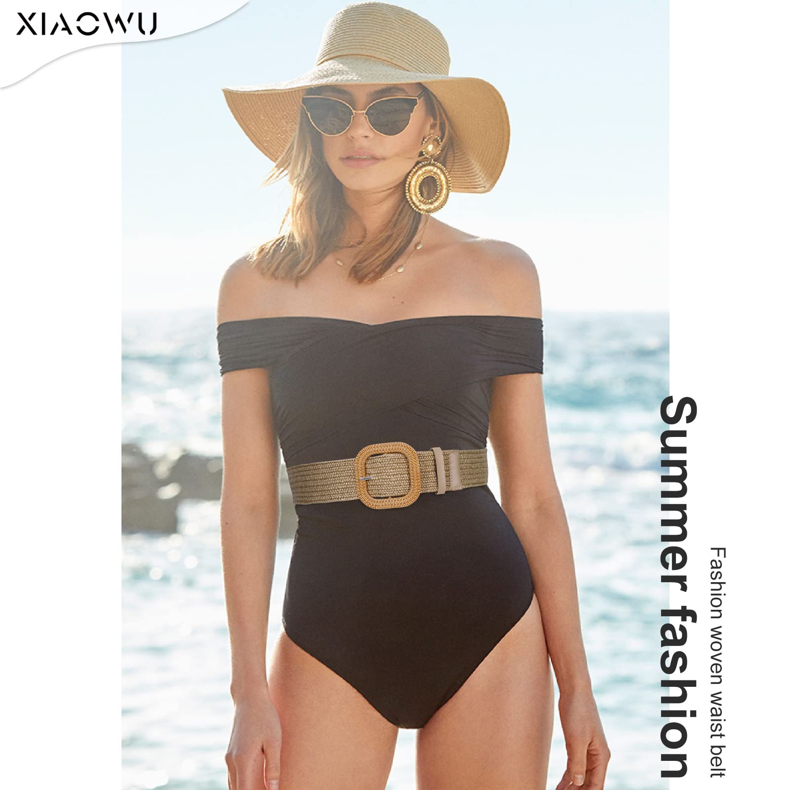 XIAOWU 2 Pack Elastic Woven Waist Belts for Women Dress, Stretchy Boho Braided Straw Band Belt Wide 1.77 Inches