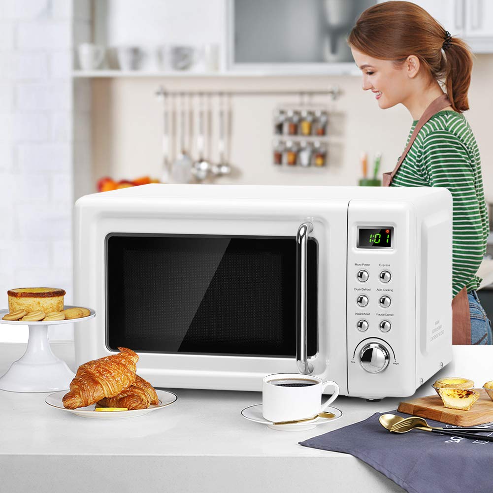 Retro Microwave Oven,Safeplus 0.7Cu.ft, Countertop 700W Microwaves with Cold Rolled Steel Plate 5 Micro Power Defrost & Auto Cooking Function LED Display Glass Turntable and Viewing Window Child Lock