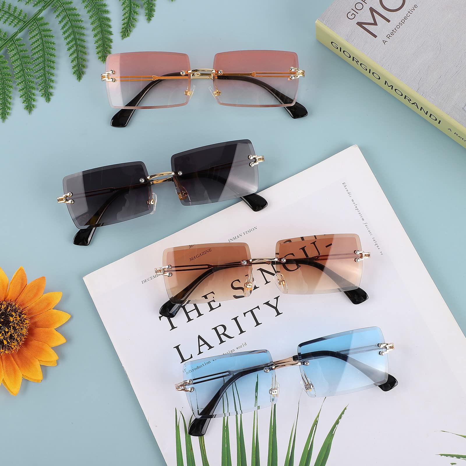 URATOT 4 Pack Rimless Rectangle Sunglasses Transparent Retro Sunglasses Vintage Rimless Eyewear Metal Frame Eyewear for Women Men