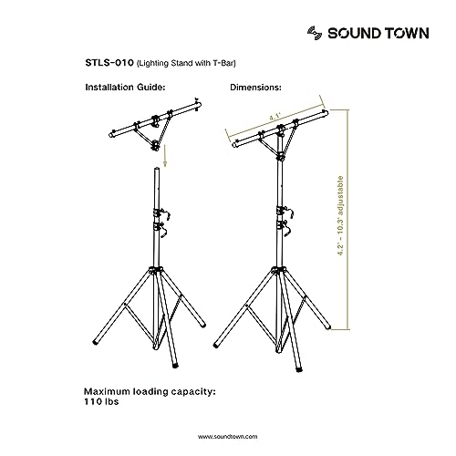 Sound Town DJ Lighting Stand - Adjustable Height, 10.3 ft Tall, with T-Bar and Tripod Base (STLS-010)